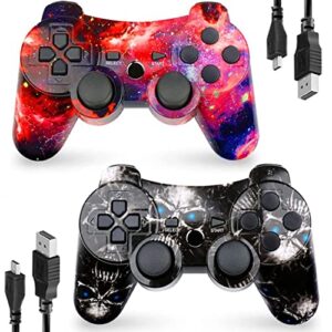 chengdao controller for ps3 2 pack wireless controller for playstaion 3 6-axis with high-performance double shock, motion control, usb charging cable (skull + galaxy)