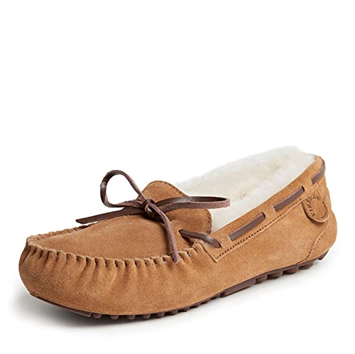 Dearfoams Women's Fireside Water Resistant Indoor/Outdoor Shearling Victoria Moccasin with Tie Slipper, Chestnut,8