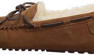 Dearfoams Women's Fireside Water Resistant Indoor/Outdoor Shearling Victoria Moccasin with Tie Slipper, Chestnut,8