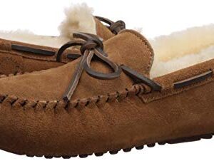 Dearfoams Women's Fireside Water Resistant Indoor/Outdoor Shearling Victoria Moccasin with Tie Slipper, Chestnut,8