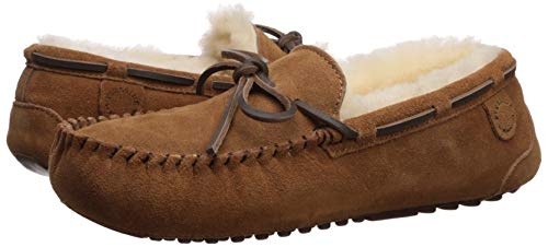 Dearfoams Women's Fireside Water Resistant Indoor/Outdoor Shearling Victoria Moccasin with Tie Slipper, Chestnut,8