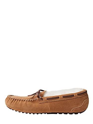 Dearfoams Women's Fireside Water Resistant Indoor/Outdoor Shearling Victoria Moccasin with Tie Slipper, Chestnut,8