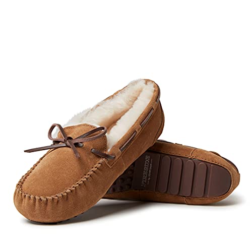 Dearfoams Women's Fireside Water Resistant Indoor/Outdoor Shearling Victoria Moccasin with Tie Slipper, Chestnut,8