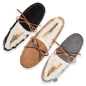 Dearfoams Women's Fireside Water Resistant Indoor/Outdoor Shearling Victoria Moccasin with Tie Slipper, Chestnut,8