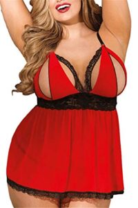 women's plus size lingerie red babydoll lace split cup sleepwear chemise set