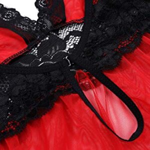 Women's Plus Size Lingerie Red Babydoll Lace Split Cup Sleepwear Chemise Set