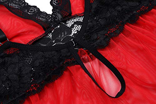 Women's Plus Size Lingerie Red Babydoll Lace Split Cup Sleepwear Chemise Set