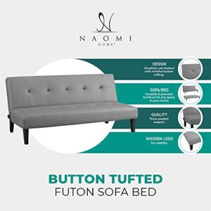 Naomi Home Tufted Futon Sofa Bed, Faux Leather Futon Couch, Modern Convertible Folding Sofa Bed Couch with Wooden Legs, Reclining Small Couch Bed, Durable and Sturdy Futon, Espresso