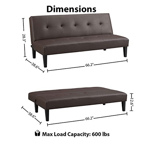 Naomi Home Tufted Futon Sofa Bed, Faux Leather Futon Couch, Modern Convertible Folding Sofa Bed Couch with Wooden Legs, Reclining Small Couch Bed, Durable and Sturdy Futon, Espresso