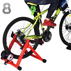 indoor cycle trainer, noise reduction super quiet bicycle exercise stand w quick release 8 levels resistance w front wheel block