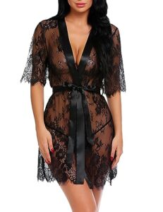 avidlove sexy robe women kimono robe floral lace babydoll lingerie sheer mesh nightgown black l