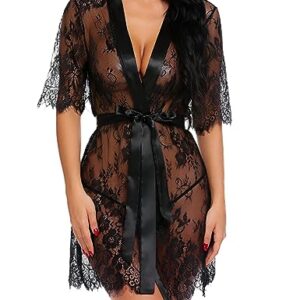 Avidlove sexy robe Women Kimono Robe Floral Lace Babydoll Lingerie Sheer Mesh Nightgown Black L