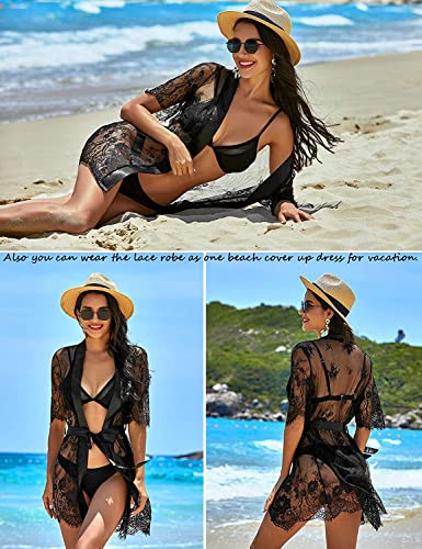 Avidlove sexy robe Women Kimono Robe Floral Lace Babydoll Lingerie Sheer Mesh Nightgown Black L