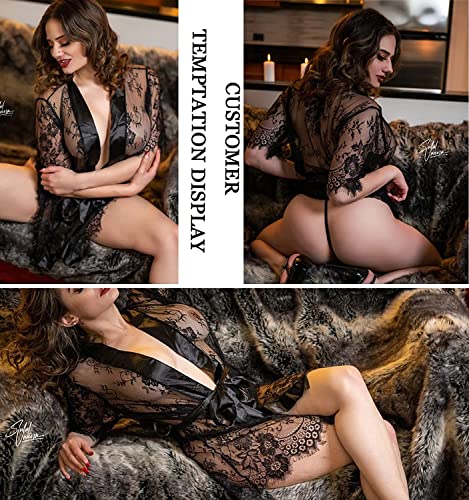 Avidlove sexy robe Women Kimono Robe Floral Lace Babydoll Lingerie Sheer Mesh Nightgown Black L