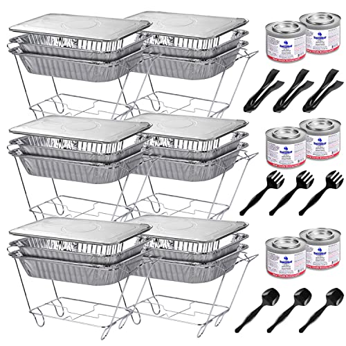 Chafing Dish Buffet Set - 54pc Disposable Half-Sized (9x13) Servers , Party Warmer, Catering Supplies - Includes Fuel Cans, Forks, Spoons & Tongs