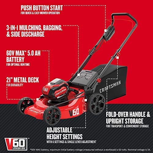 CRAFTSMAN V60* 3-in-1 Cordless Lawn Mower, 21-Inch (CMCMW260P1)