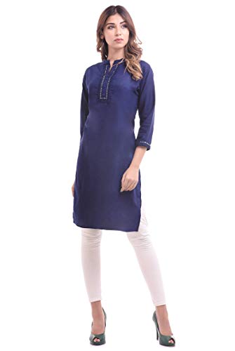 Chichi Indian Women's Plain Cotton Kurti Top, Blue, Small