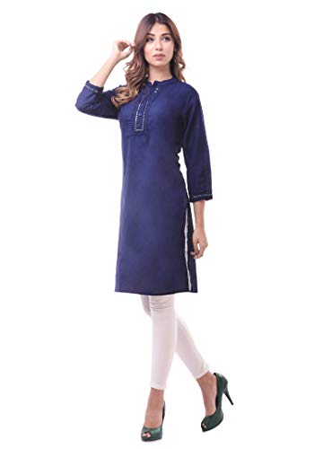 Chichi Indian Women's Plain Cotton Kurti Top, Blue, Small