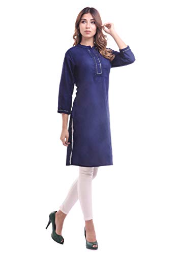 Chichi Indian Women's Plain Cotton Kurti Top, Blue, Small