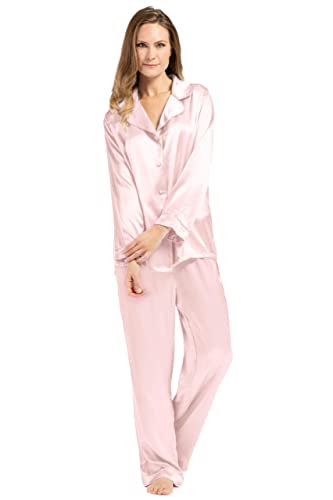 Fishers Finery Women's 100% Pure Mulberry Silk Long Pajama Set with Gift Box - Button Down Pj Top, Cool and Comfortable Loungewear (Pink, XS Petite)