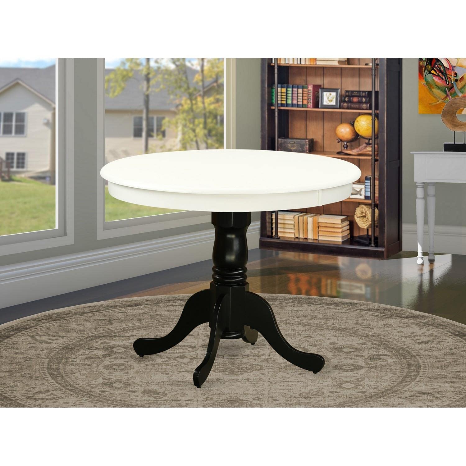 East West Furniture ANT-LBK-TP Antique Modern Kitchen Round Dining Table Top with Pedestal Base, 36x36 Inch, Linen White & Black