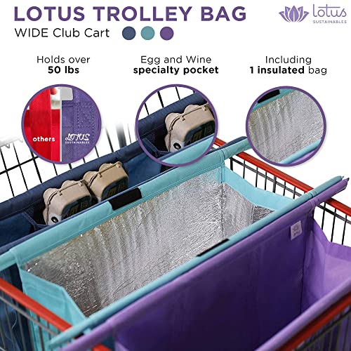 Lotus Trolley Bag -Lrg Club Cart Version-w/LRG COOLER Bag & Egg/Wine holder! Reusable Grocery Cart Bags sized for COSTCO, SAMS, ALDI, HEB & BJ. Eco-friendly 3-Bag Grocery totes