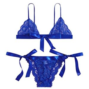 SweatyRocks Women's Sexy Floral Lace Scalloped Trim Self Tie Panty Mesh Lingerie Set Dark Blue Small