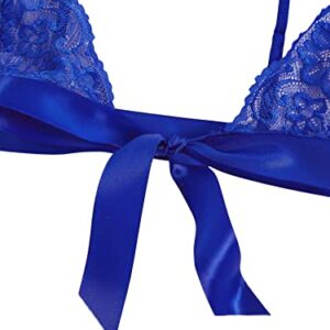 SweatyRocks Women's Sexy Floral Lace Scalloped Trim Self Tie Panty Mesh Lingerie Set Dark Blue Small