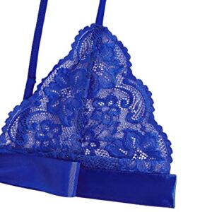 SweatyRocks Women's Sexy Floral Lace Scalloped Trim Self Tie Panty Mesh Lingerie Set Dark Blue Small