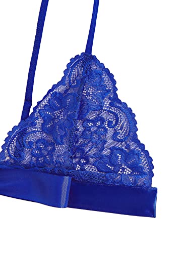 SweatyRocks Women's Sexy Floral Lace Scalloped Trim Self Tie Panty Mesh Lingerie Set Dark Blue Small