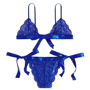 SweatyRocks Women's Sexy Floral Lace Scalloped Trim Self Tie Panty Mesh Lingerie Set Dark Blue Small