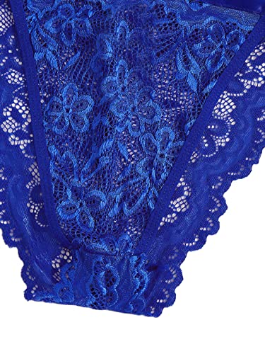 SweatyRocks Women's Sexy Floral Lace Scalloped Trim Self Tie Panty Mesh Lingerie Set Dark Blue Small