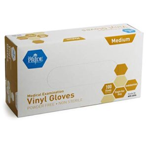 med pride medical vinyl examination gloves (medium, 100-count) latex free rubber | disposable, ultra-strong, clear | fluid, blood, exam, healthcare, food handling use | no powder