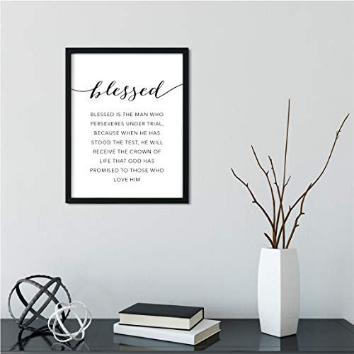 Andaz Press Unframed Black White Wall Art Decor, Bible Verses, James 1:12: Blessed is the man who perseveres, he will receive the crown of life that God has promised to those who love him., 1-Pack