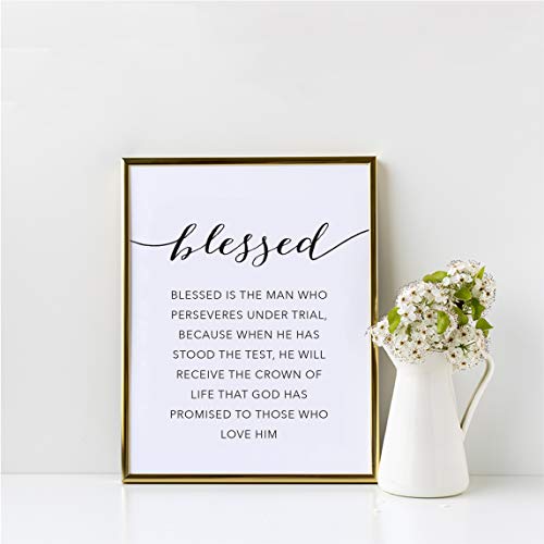 Andaz Press Unframed Black White Wall Art Decor, Bible Verses, James 1:12: Blessed is the man who perseveres, he will receive the crown of life that God has promised to those who love him., 1-Pack