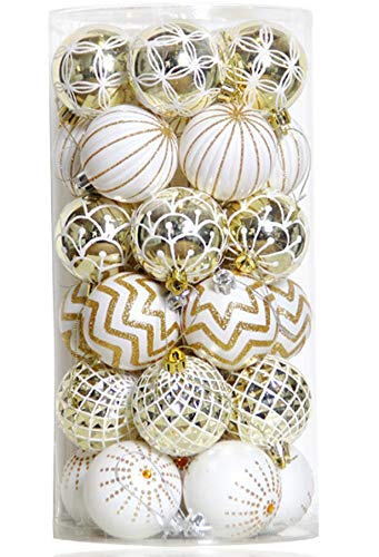 30PCS Christmas Balls Ornaments,60MM Gold&White Painted Shatterproof Festive Wedding Hanging Ornaments Christmas Tree Decoration