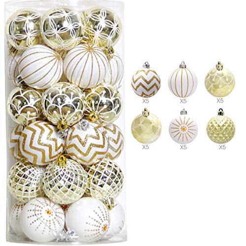 30PCS Christmas Balls Ornaments,60MM Gold&White Painted Shatterproof Festive Wedding Hanging Ornaments Christmas Tree Decoration