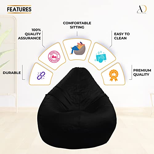 Ample Decor Bean Bag Cover (No Filling), Plush Toys Storage Soft Leatherette, Water Resistant, Durable Construction Sturdy Zipper, Ideal for Teenagers, Kids - Black