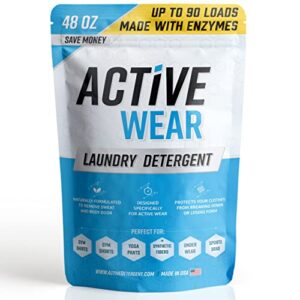 active wear laundry detergent & soak - formulated for sweat and workout clothes - natural performance concentrate enzyme booster deodorizer - powder wash for activewear gym apparel (90 loads)