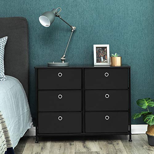 SONGMICS 3-Tier Dresser, Storage Unit with 6 Easy Pull Fabric Drawers, Metal Frame, and Wooden Tabletop, for Closet, Nursery, 31.5", Black