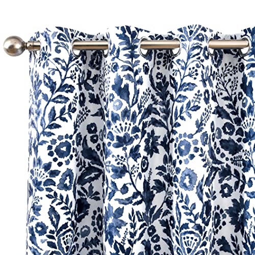 DriftAway Julia Watercolor Blackout Room Darkening Grommet Lined Thermal Insulated Energy Saving Window Curtains 2 Layers 2 Panels Each Size 52 Inch by 84 Inch Navy