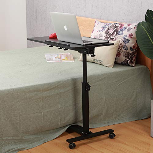 TigerDad Over Bed Table with Wheels Adjustable | Rolling Laptop Table Overbed Desk Hospital Tray Table Sofa Chair Side Table (Black)