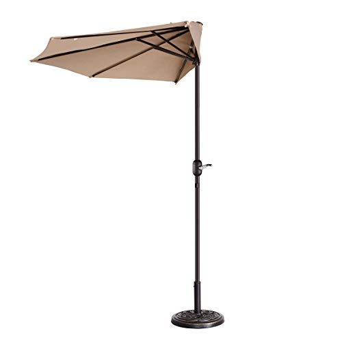 Villacera Half Round Patio Umbrella with Easy Crank – Compact 9ft Semicircle Outdoor Shade Canopy for Balcony, Porch, or Deck (Beige)