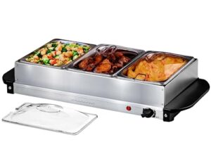 ovente electric buffet server & food warmer with temperature control perfect for parties, dinners and entertaining, three 1.5 quart chafing dish set with stainless steel warming tray, silver fw173s