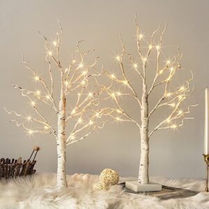 vanthylit tabletop christmas tree, white birch tree with led lights- set of 2, warm white small tree lights battery powered timer, lighted tree for mantle christmas decorations (2ft, 24led)