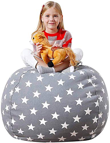 Aubliss Stuffed Animal Bean Bag Storage Chair, Beanbag Covers Only for Organizing Plush Toys, Turns into Bean Bag Seat for Kids When Filled, Large 38"-Canvas Stars Grey