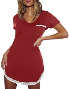 ekouaer womens nightgown womens sleepwear sexy v neck nightshirt short sleeve sleepshirts withcurve hem, wine red m