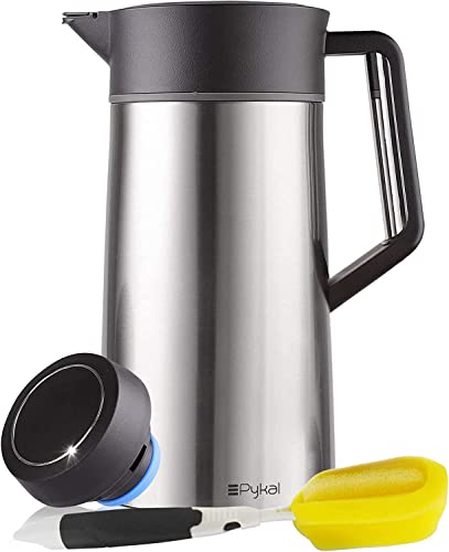 Pykal Thermal Coffee Carafe - with ThermaClick Lid, 68 oz Capacity, Lab Tested 8 Hour 150F Heat Retention, Surgical Rust Resistant Stainless Steel, Long Handle Brush Included Inside