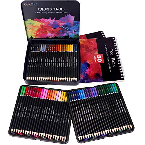 COOL BANK 72 Professional Colored Pencils, Artist Pencils Set with 2 x 50 Page Drawing Pad(A4), Premium Artist Soft Series Lead with Vibrant Colors for Sketching, Shading & Coloring in Tin Box