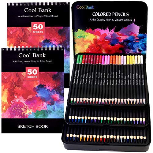 COOL BANK 72 Professional Colored Pencils, Artist Pencils Set with 2 x 50 Page Drawing Pad(A4), Premium Artist Soft Series Lead with Vibrant Colors for Sketching, Shading & Coloring in Tin Box